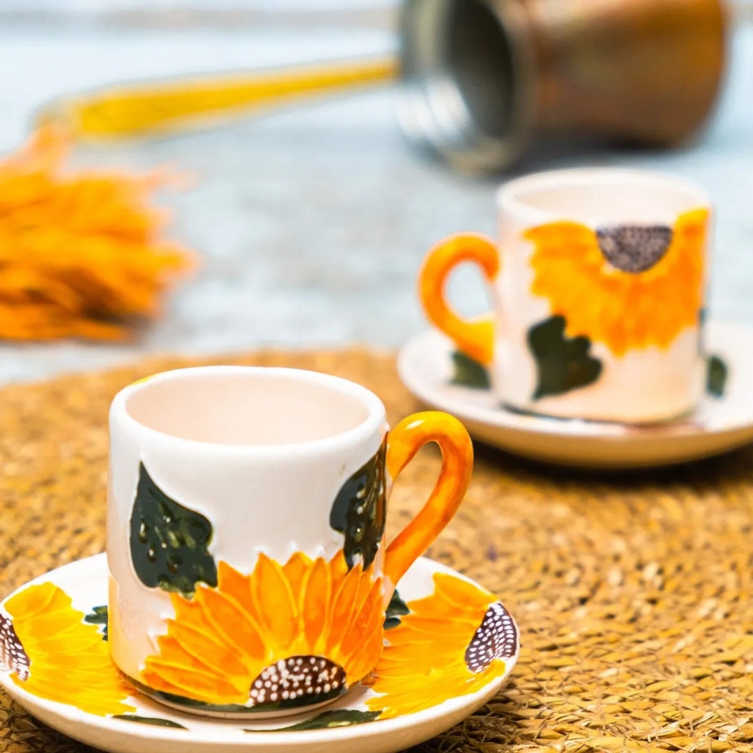Handmade Ceramic Sunflower Coffee Cup Set for 2 Hand-painted Ceramic ...