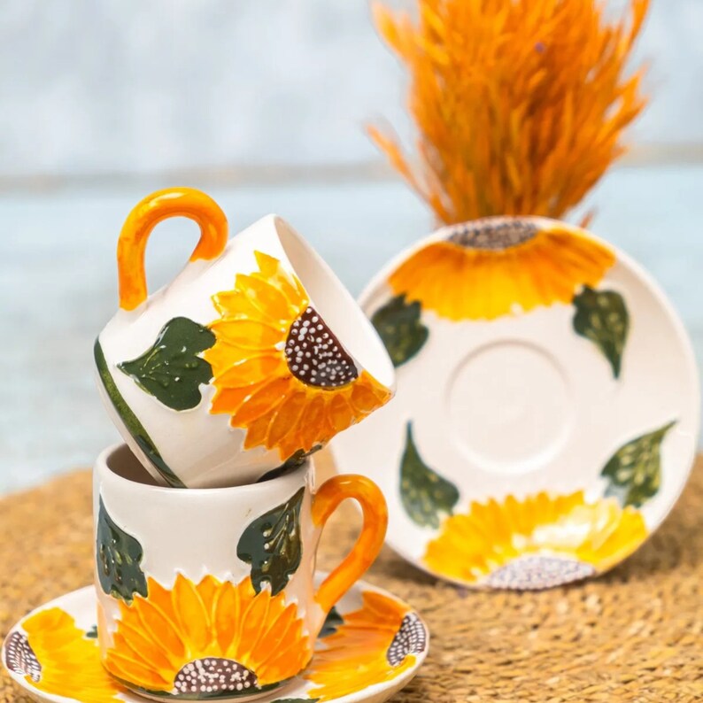 Handmade Ceramic Sunflower Coffee Cup Set for 2 Hand-painted Ceramic ...