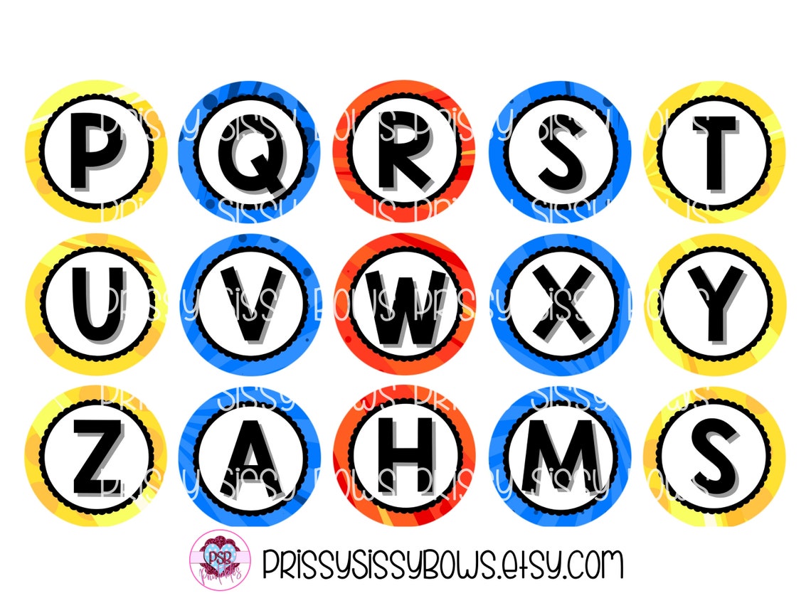 Comic Superhero Red, Blue, & Yellow Alphabet and Numbers 1 Inch Bottle ...