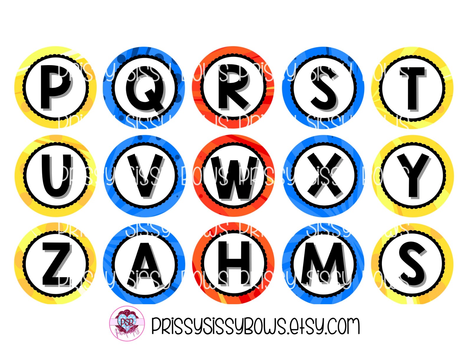 Comic Superhero Red, Blue, & Yellow Alphabet and Numbers 1 Inch Bottle ...