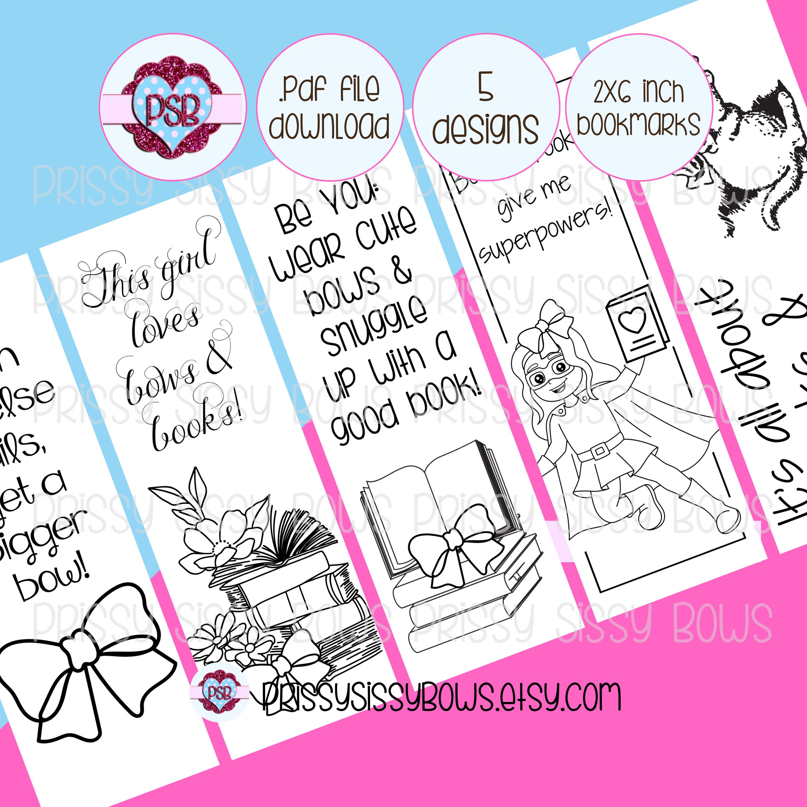 Hair Bow Themed Coloring Bookmarks Set of 5 Gifts for Bow - Etsy