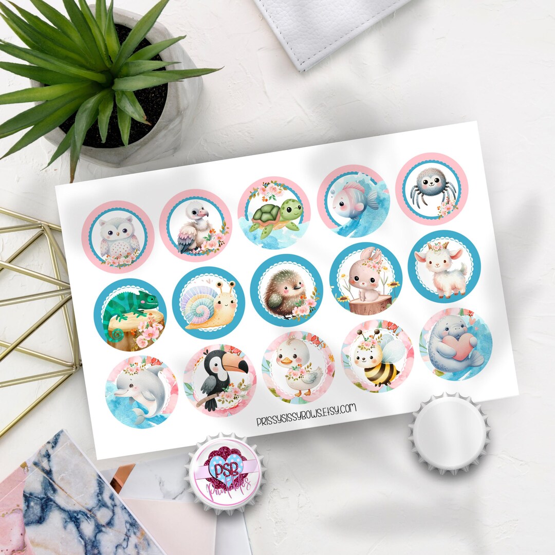 Pink & Blue Watercolor Animals 1 Inch Bottle Cap Image Craft Supply for ...
