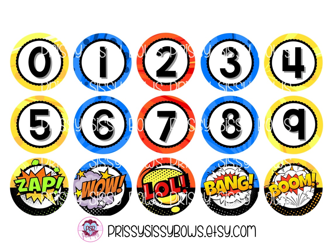 Comic Superhero Red, Blue, & Yellow Alphabet and Numbers 1 Inch Bottle ...