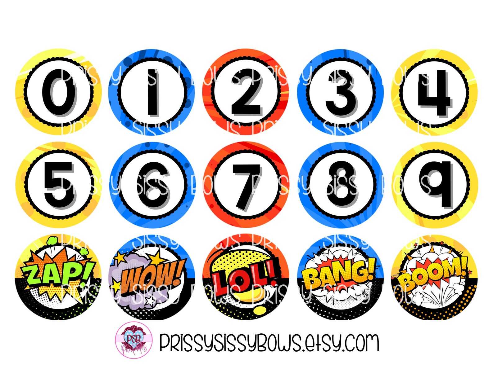 Comic Superhero Red, Blue, & Yellow Alphabet and Numbers 1 Inch Bottle ...