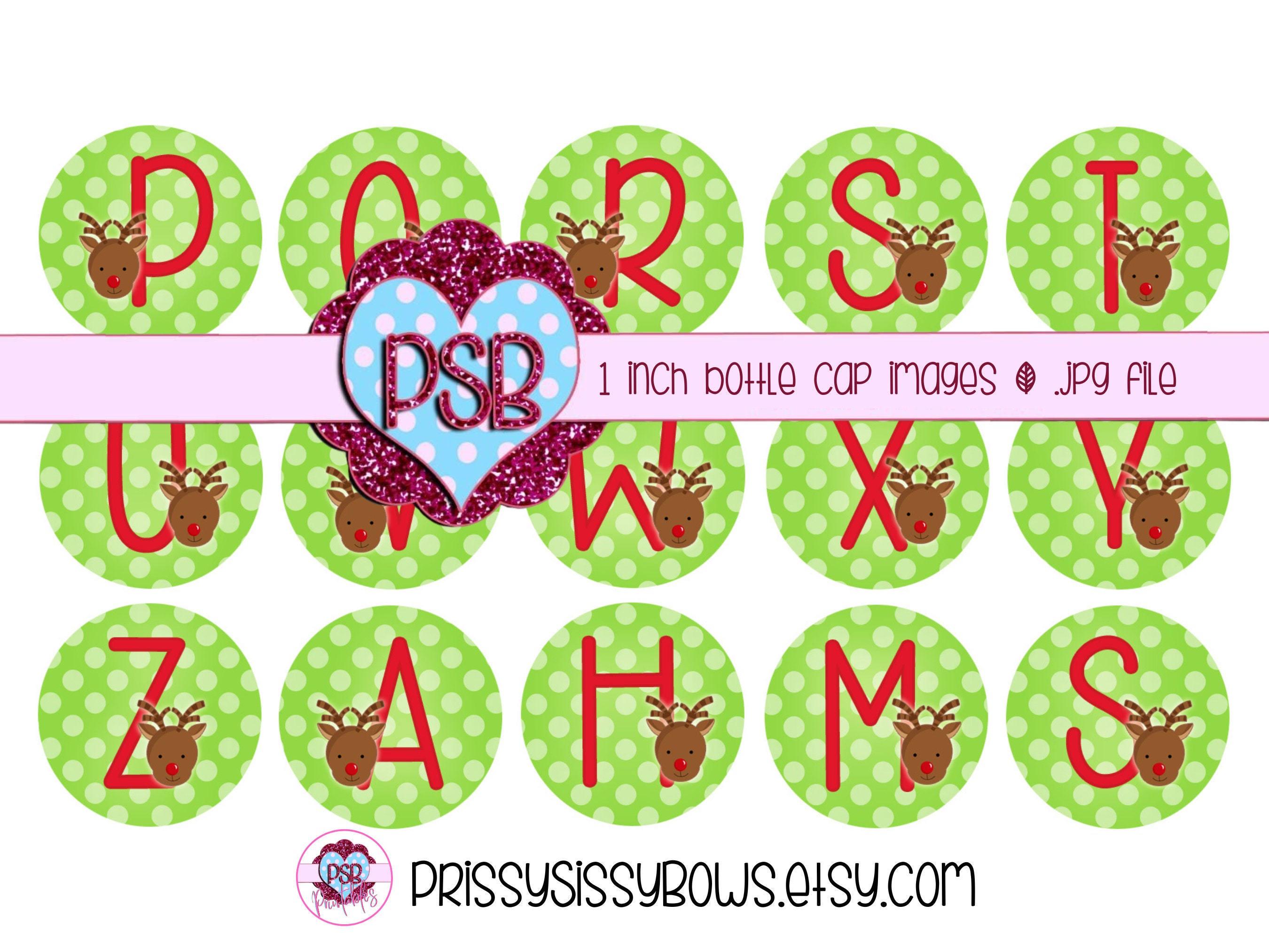 Christmas Reindeer Green Alphabet 1 Inch Bottle Cap Images Digital ...