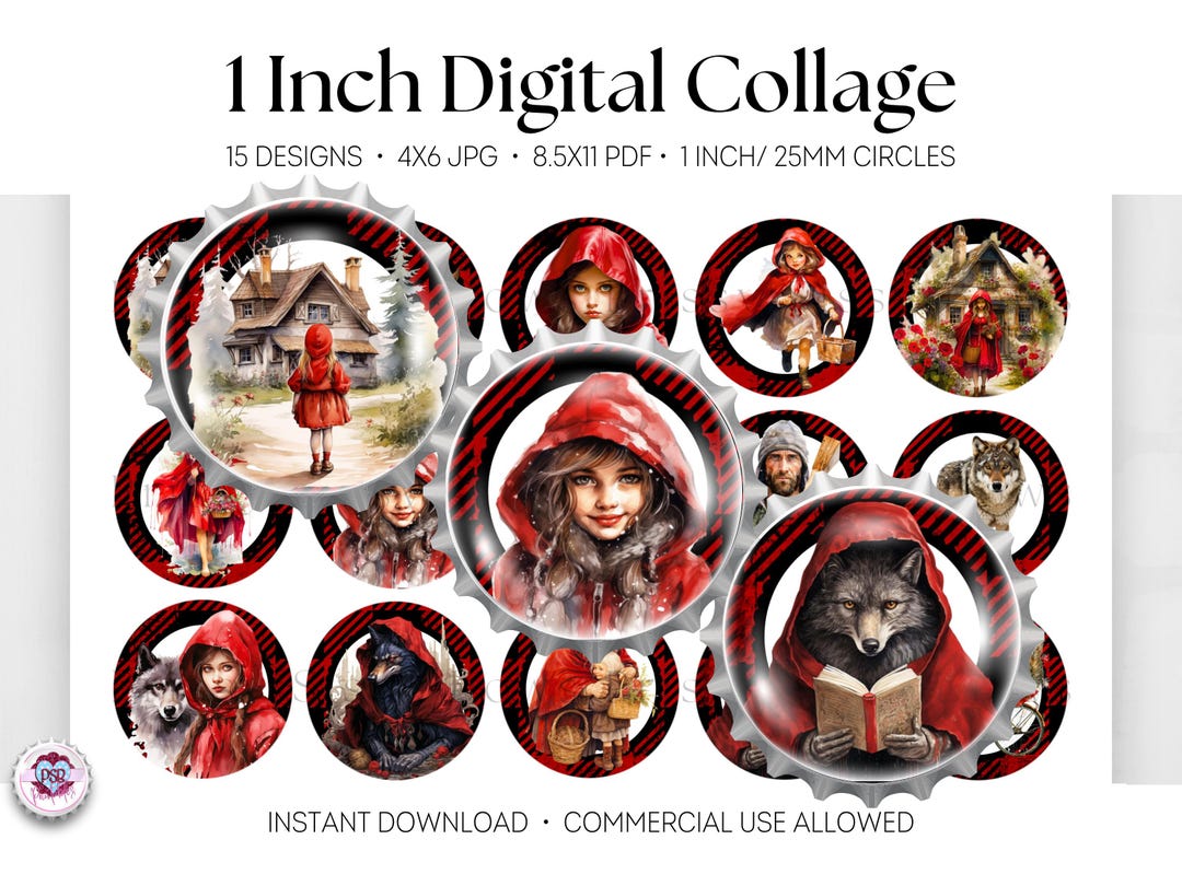 Little Red Riding Hood Digital Collage, Buffalo Plaid One Inch Bottle ...