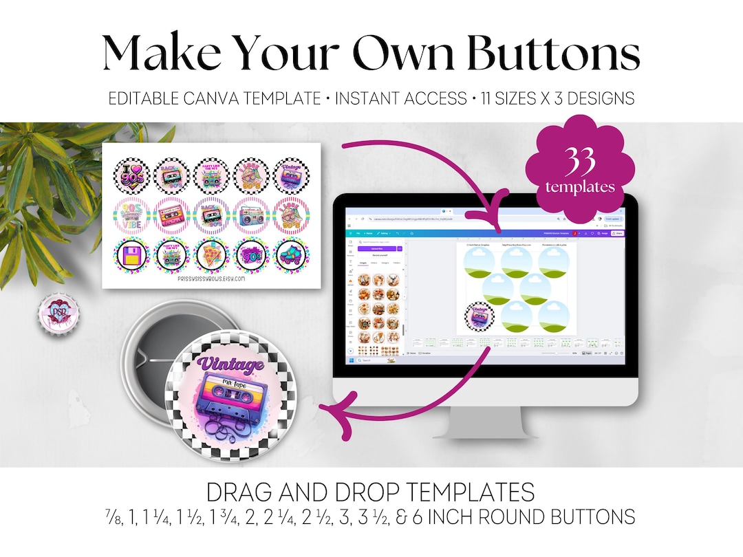 Make Your Own Button Templates, 1, 2, 3, 6 Inch Canva Editable Template ...