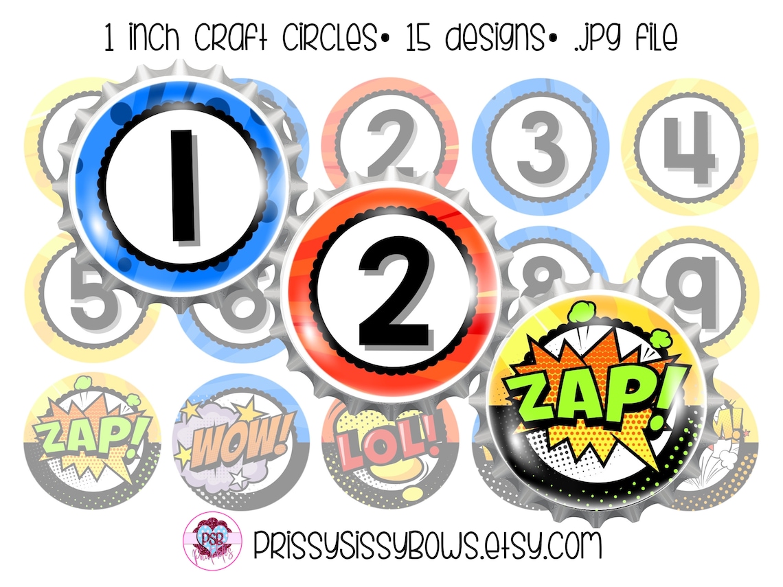 Comic Superhero Red, Blue, & Yellow Alphabet and Numbers 1 Inch Bottle ...