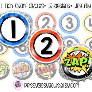 Comic Superhero Red, Blue, & Yellow Alphabet and Numbers 1 Inch Bottle ...