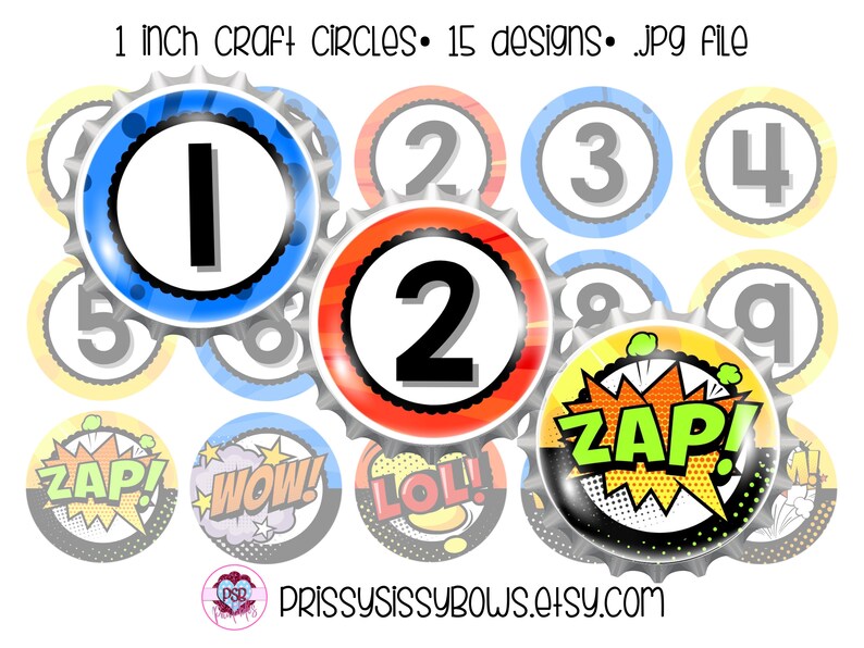 Comic Superhero Red, Blue, & Yellow Alphabet and Numbers 1 Inch Bottle ...