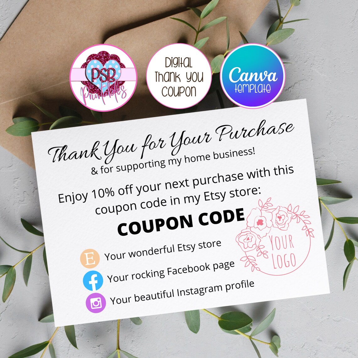 Thank You Cards With Customizable Text and Coupon Code Canva - Etsy