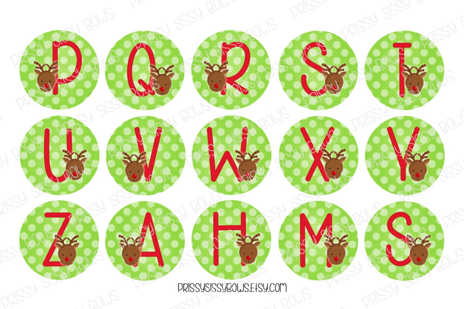 Christmas Reindeer Green Alphabet 1 Inch Bottle Cap Images Digital ...