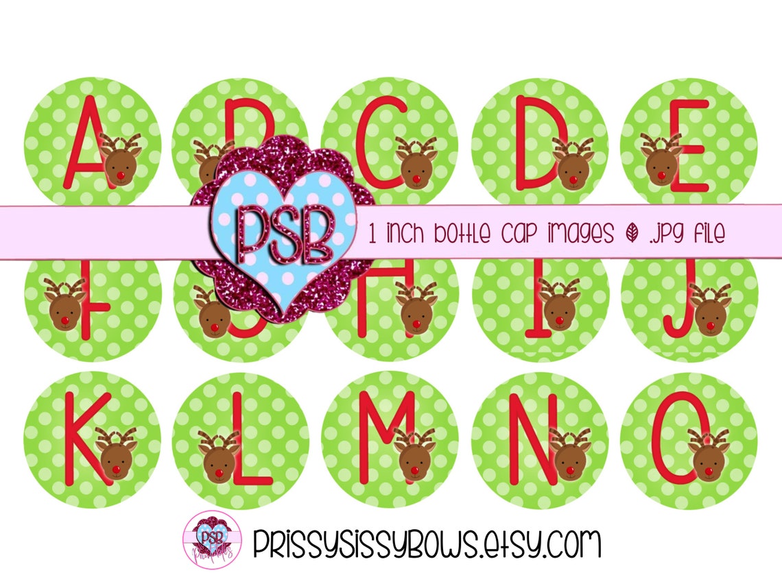 Christmas Reindeer Green Alphabet 1 Inch Bottle Cap Images Digital ...