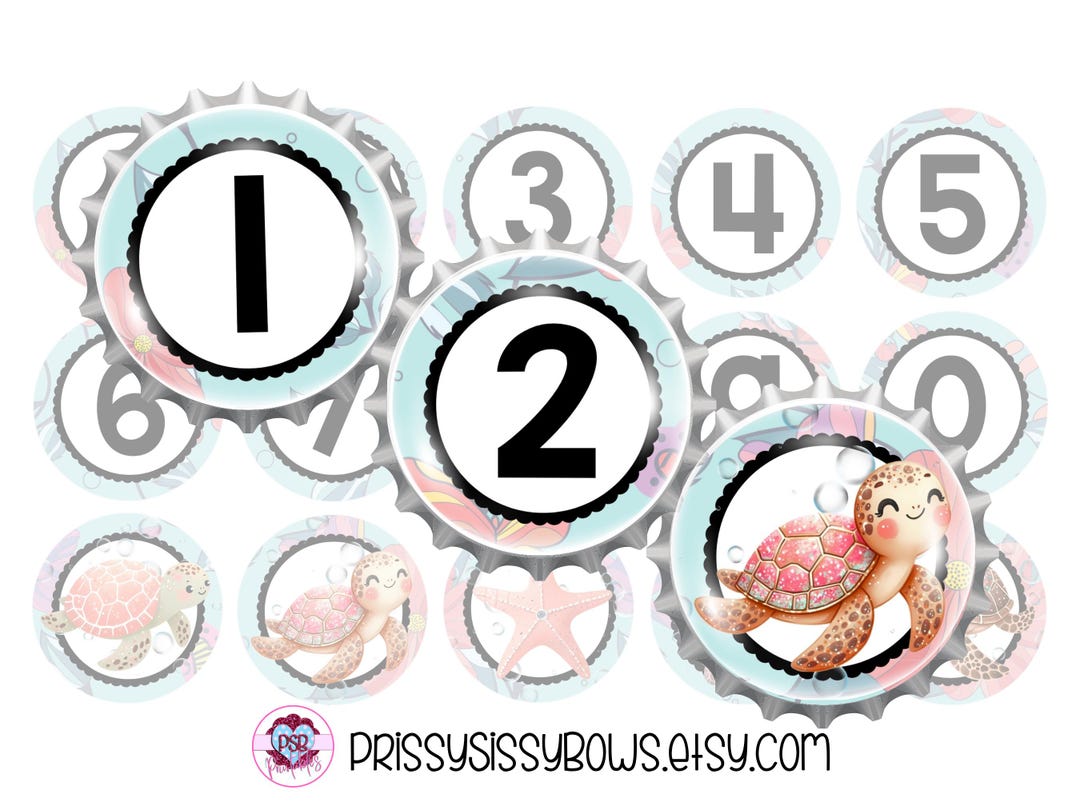 Sea Life Numbers Bottle Cap Images, Turtle One Inch Craft Circle Supply ...
