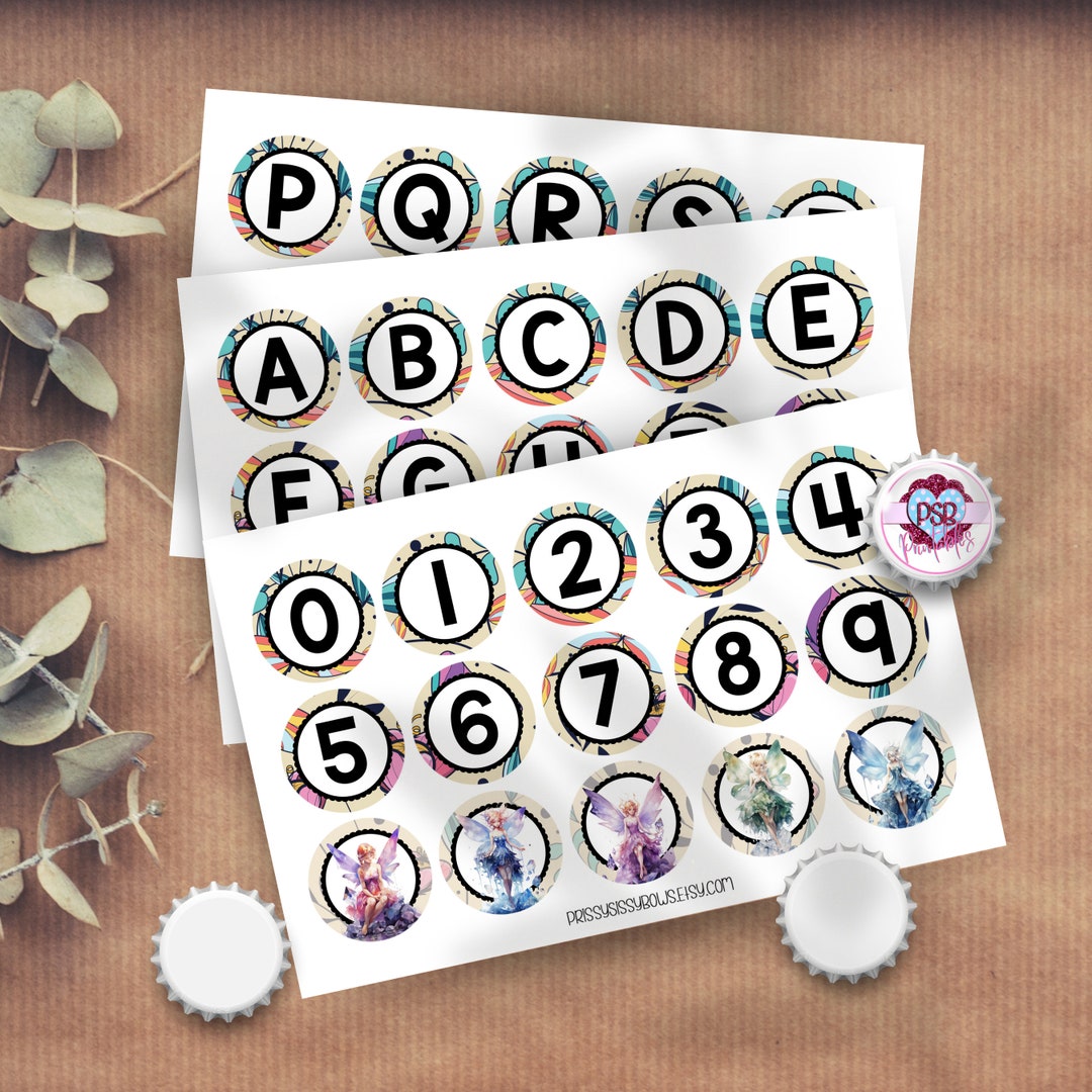 Beige Flower and Fairy Alphabet & Numbers 1 Inch Bottle Cap Image and ...