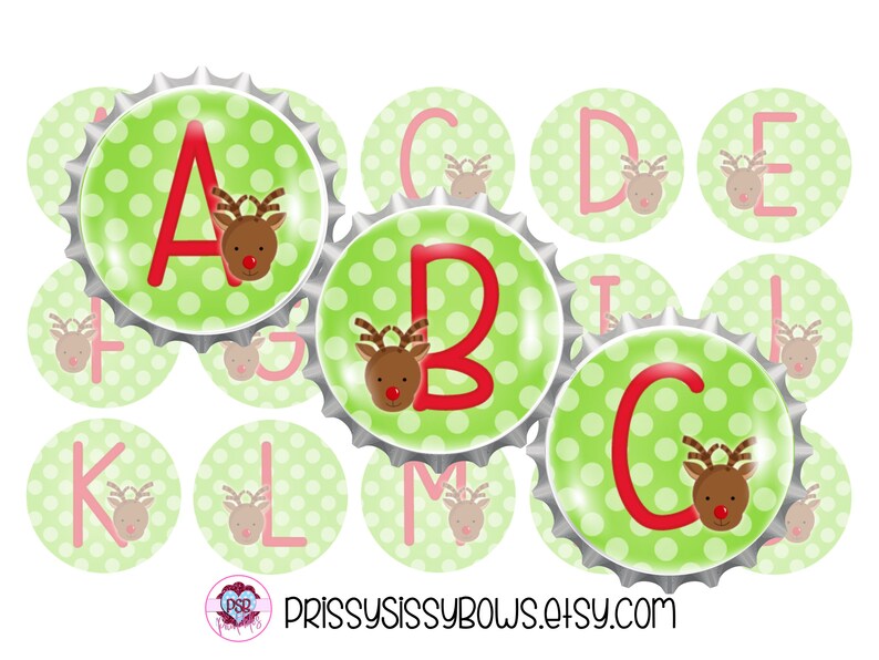 Christmas Reindeer Green Alphabet 1 Inch Bottle Cap Images Digital ...