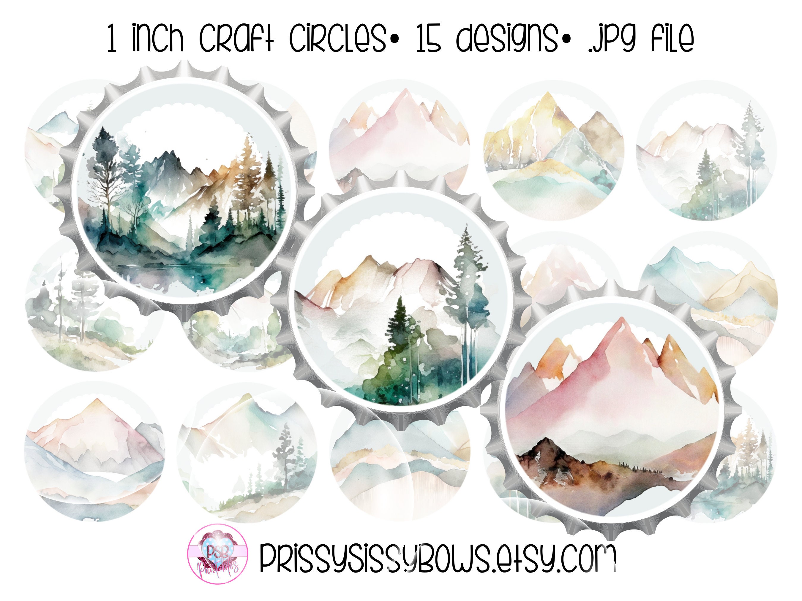 Blue Watercolor Mountains 1 Inch Bottle Cap Image Circle Craft Supply ...