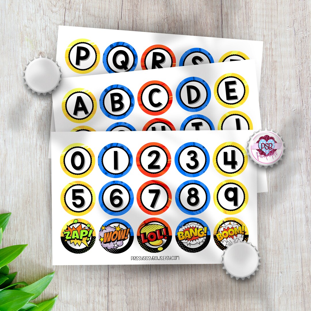Comic Superhero Red, Blue, & Yellow Alphabet and Numbers 1 Inch Bottle ...