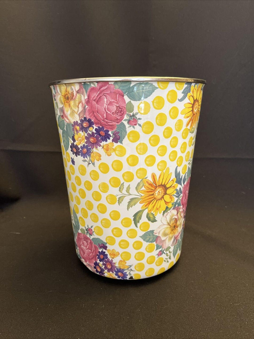 Mackenzie Childs Wastebasket Buttercup Floral Yellow Enamel Polka Dots ...