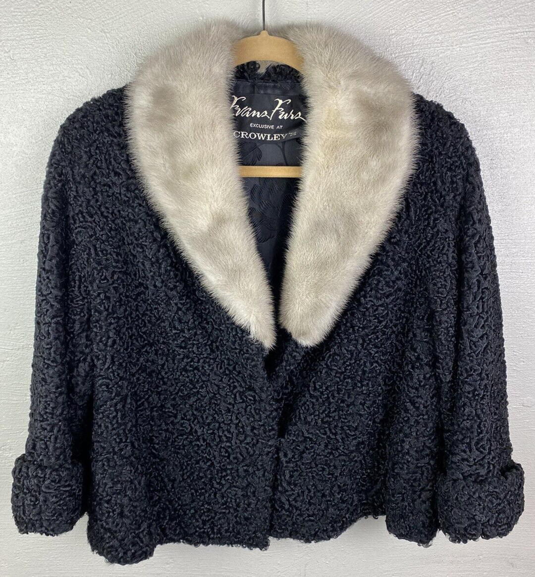 Evans Furs Black Curly Lambswool Coat: Vintage Mink Collar, Size Medium ...