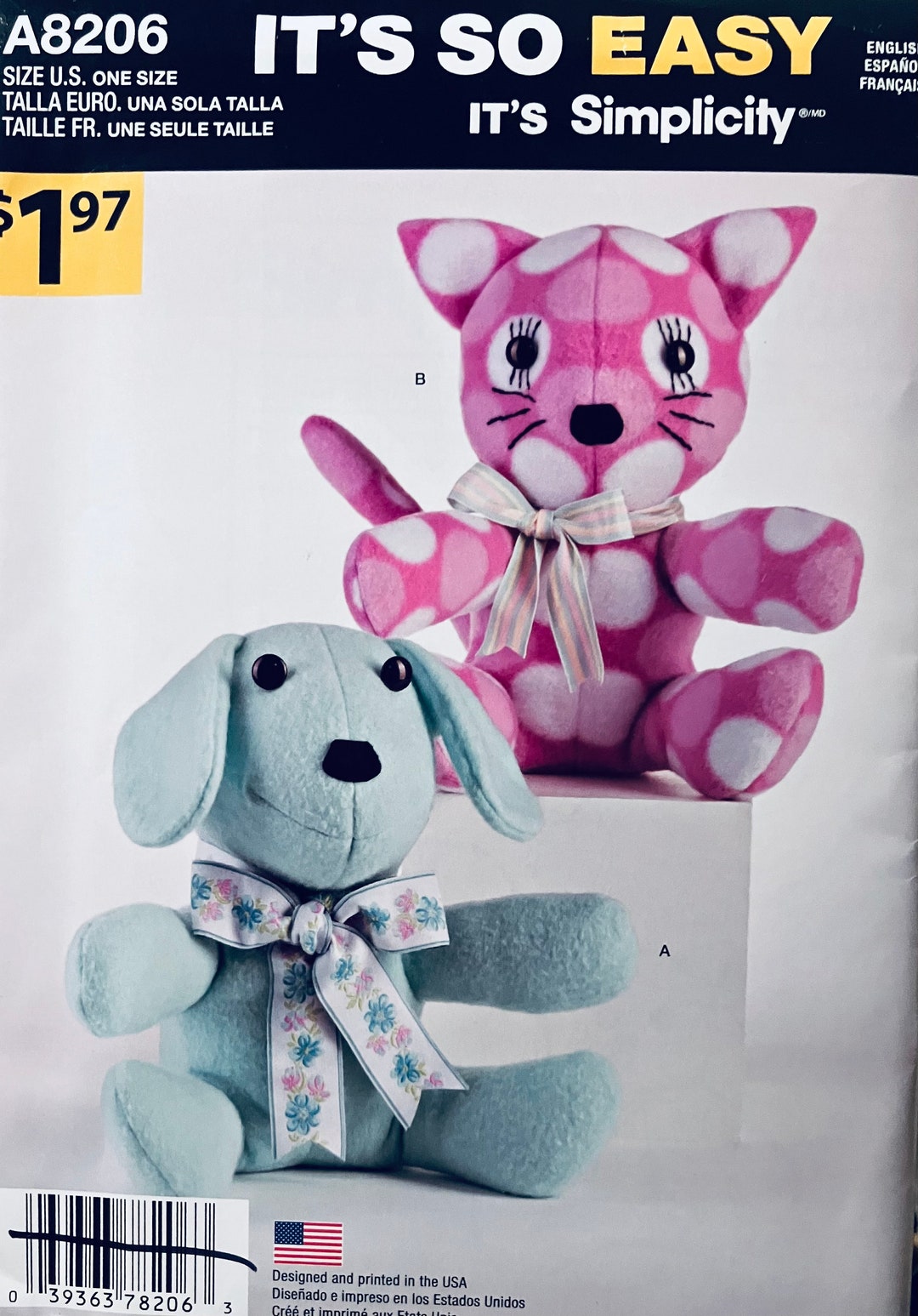 Two Pattern Piece Stuffed Animal Sewing Pattern...simplicity A8206..cat ...