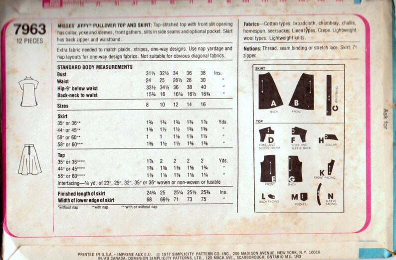 Vintage 70's Top and Skirt Sewing Pattern Simplicity 7963 - Etsy