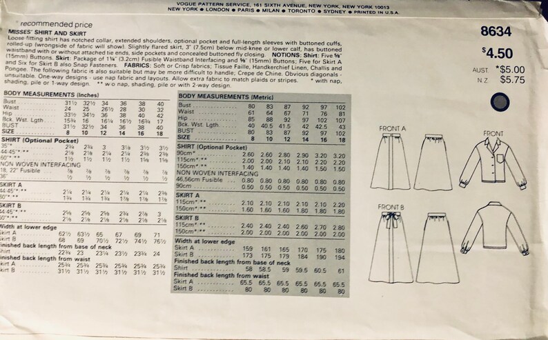 Misses Shirt and Skirt Sewing Pattern Vogue 8634 Size 8-12 - Etsy