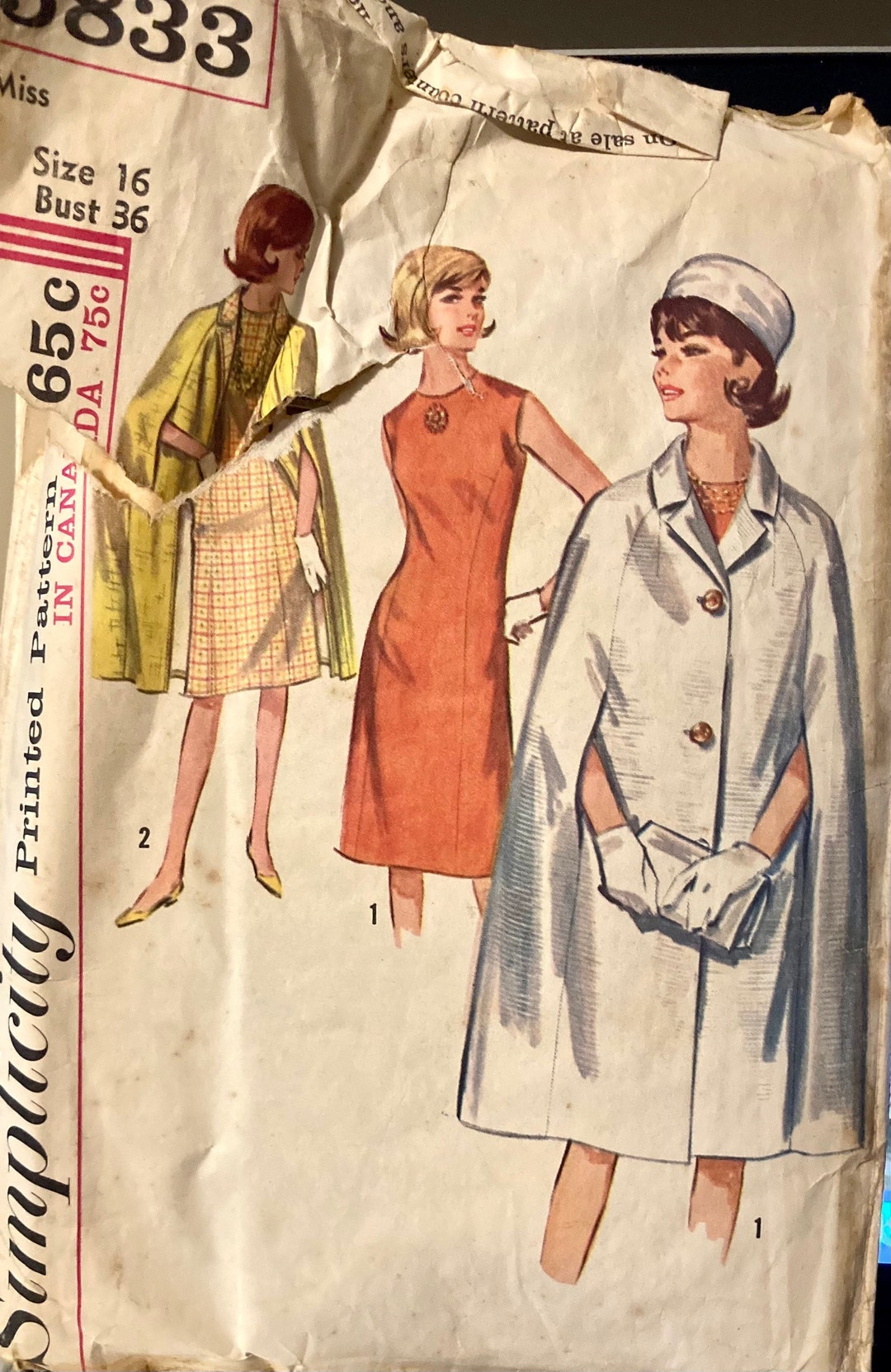 Misses' Dress and Cape Sewing Pattern...60's Simplicity 5833...size 16 ...
