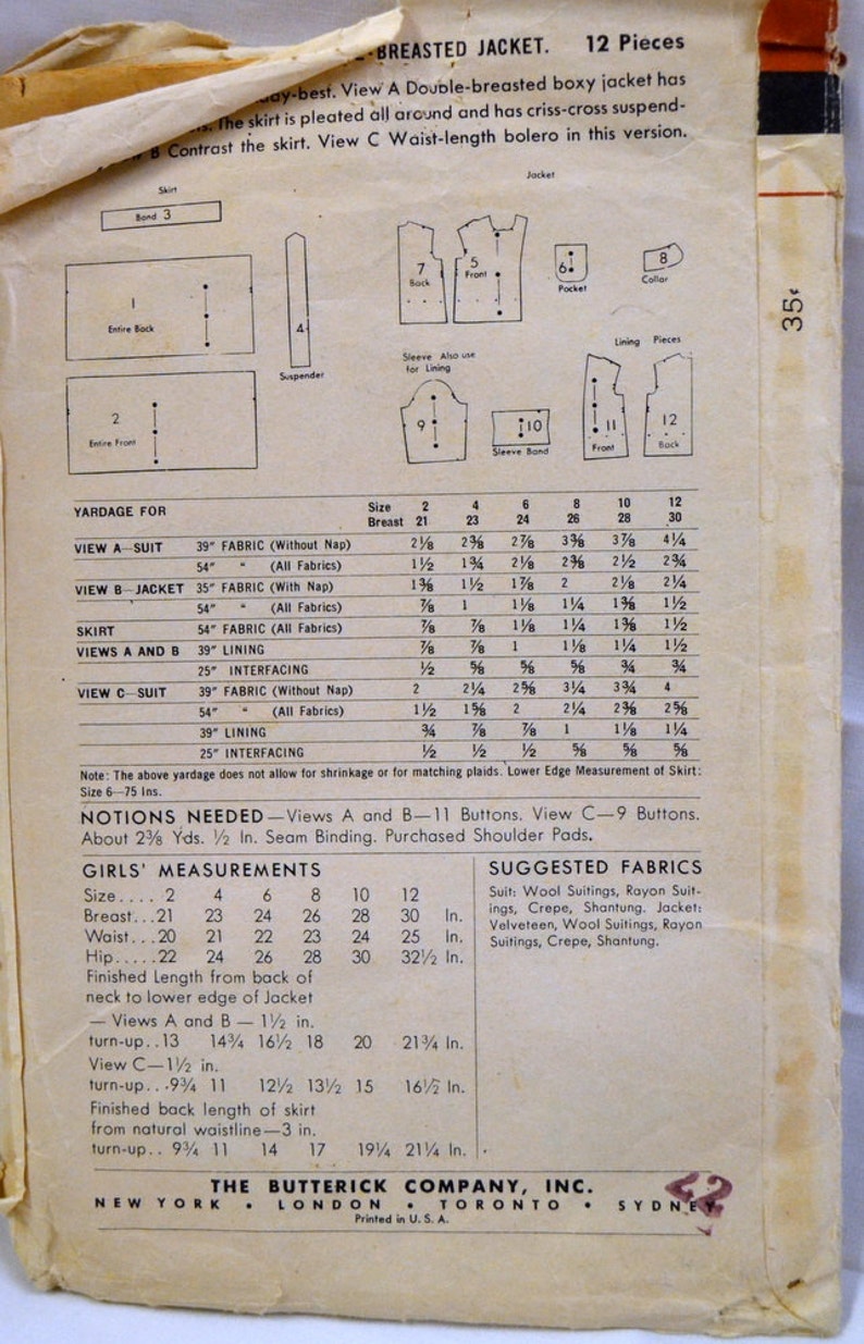 Girls' Double Breasted Suit Sewing Pattern...Butterick | Etsy