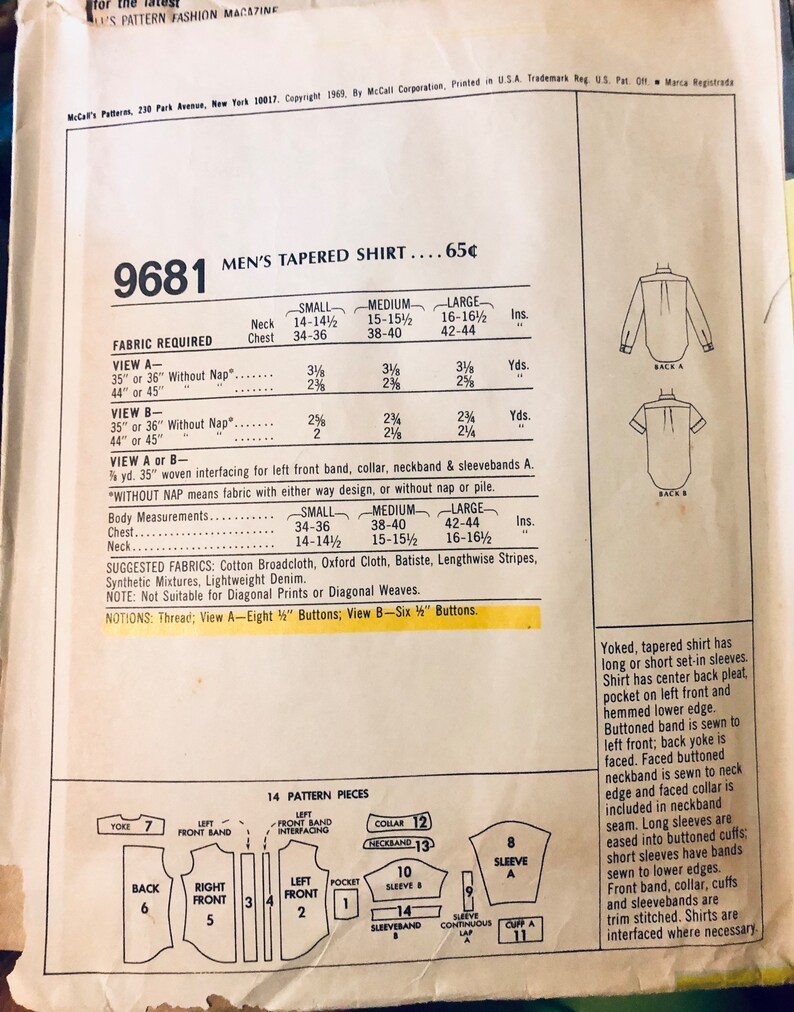 Men's Tapered Shirt Sewing Pattern Mccall's 9681 Size - Etsy