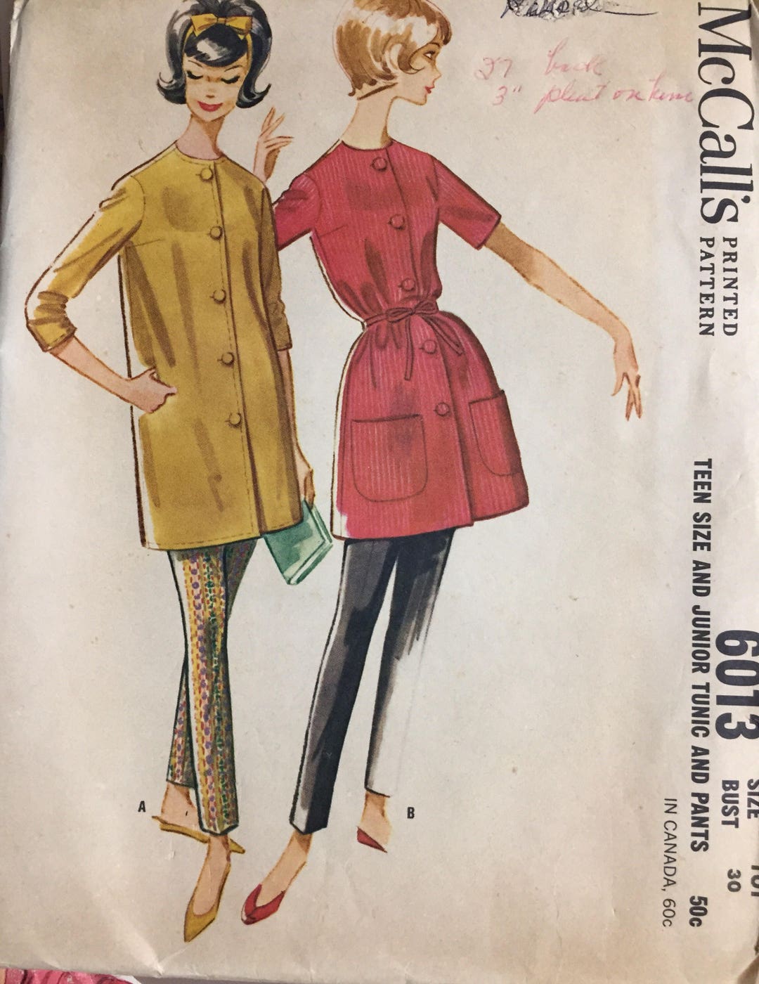 Vintage 1960's Tunic and Pants Sewing Pattern Simplicity 6013 Teen ...