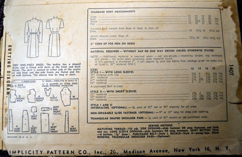 Vintage 1950s Dress Sewing Pattern Simplicity 1407 Misses' - Etsy