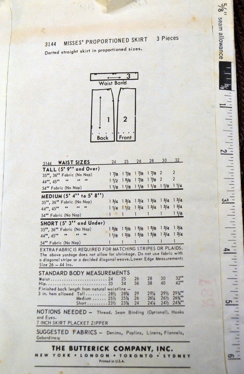 60s Proportioned Skirts Sewing Pattern Butterick 3144 Waist 32 - Etsy