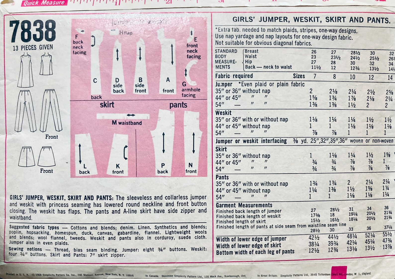Girls' Jumper, Weskit, Skirt, and Pants Sewing Pattern...simplicity ...