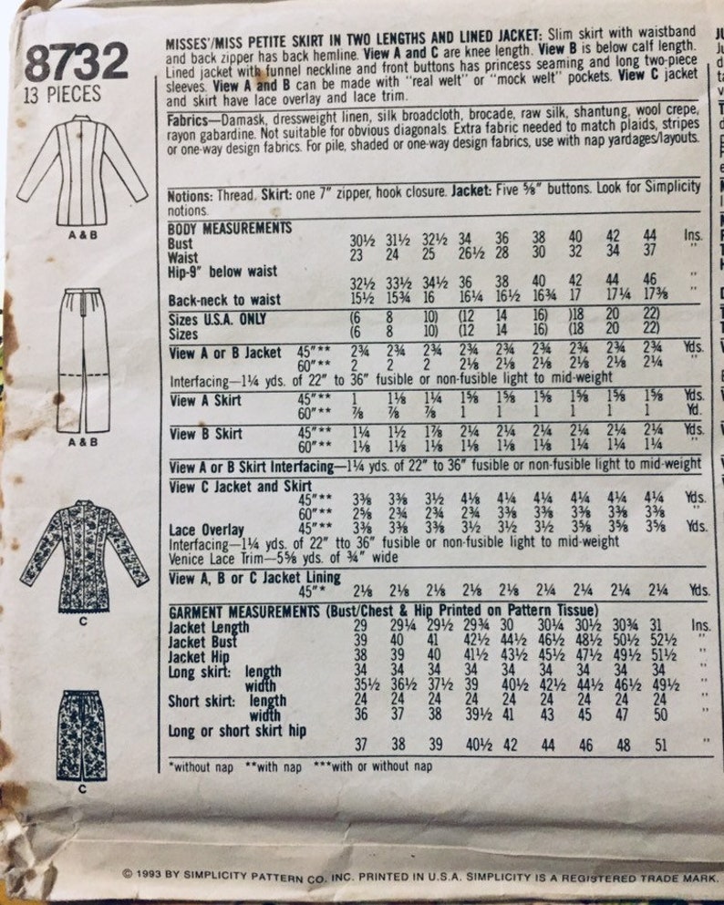 Misses Skirt and Jacket Sewing Pattern Simplicity 8732 Misses' Size 18 ...