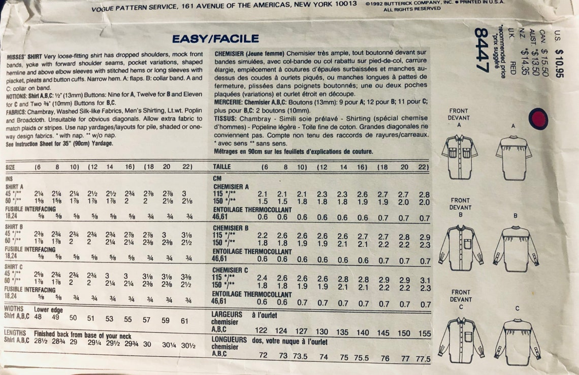 Misses' Shirt Sewing Pattern Vogue 8447 Size 6-10 Bust - Etsy