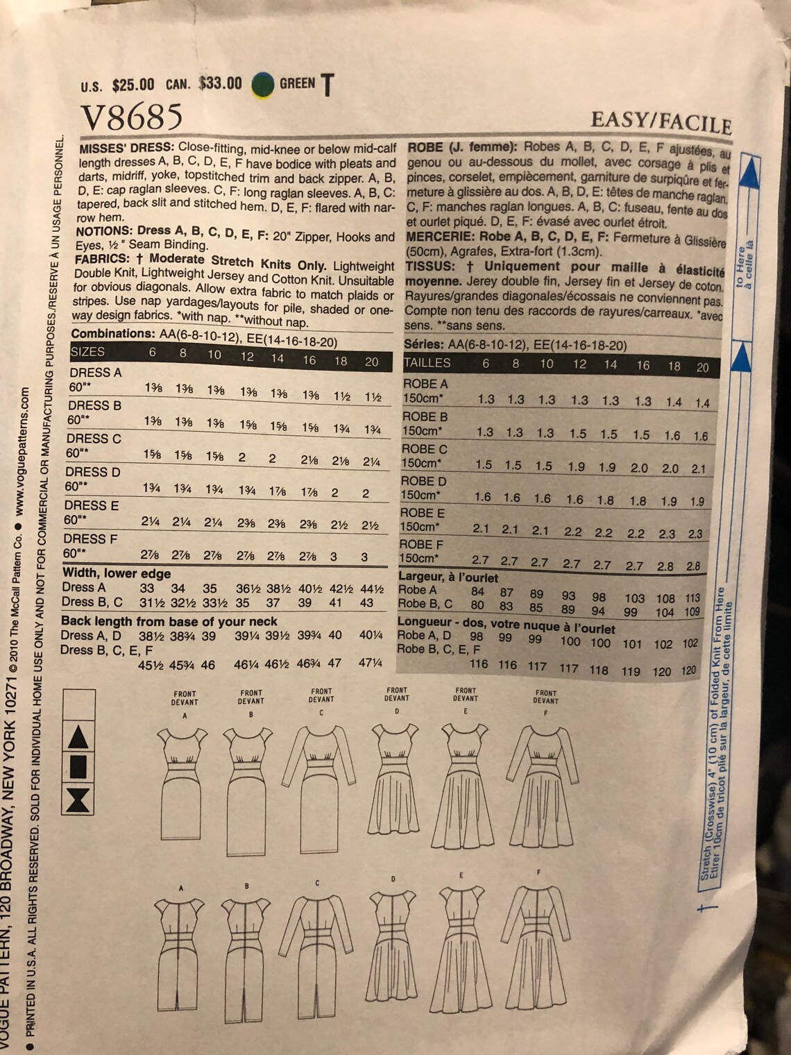 Misses' Dresses Sewing Pattern..Vogue 8685... Misses' | Etsy