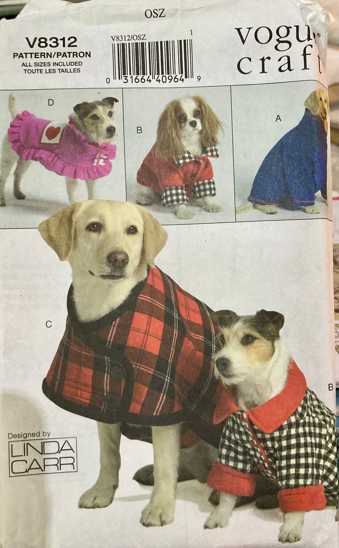 Dog Coats Sewing Pattern Vogue Craft 8312....size XS-XL Uncut Complete ...