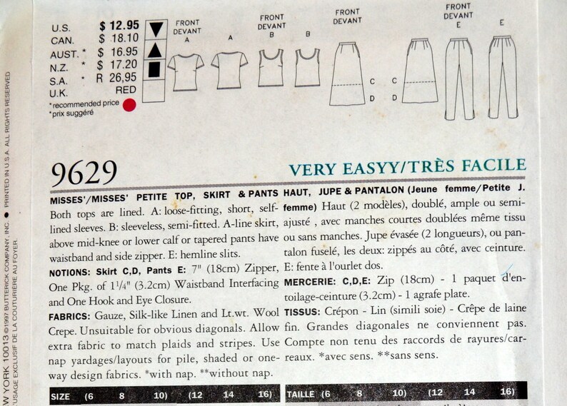 Misses' Top, Skirt, & Pants Sewing Pattern Vogue 9629 Uncut Complete ...