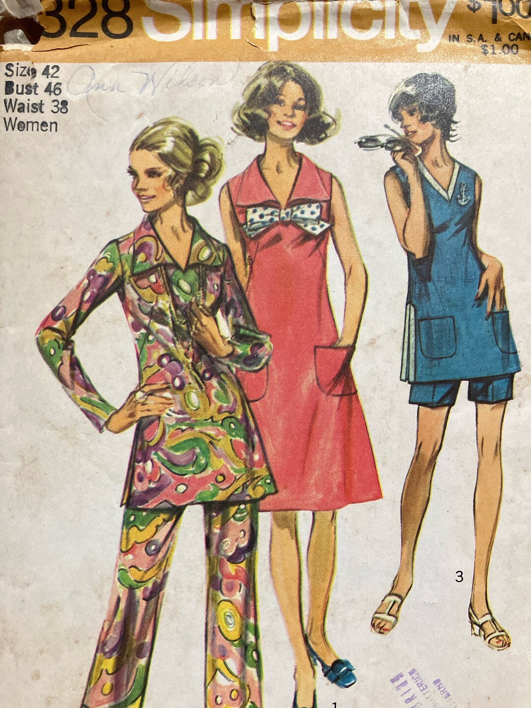 1970's Women’s Pants, Dress, or Tunic Sewing Pattern Simplicity 9328 ...