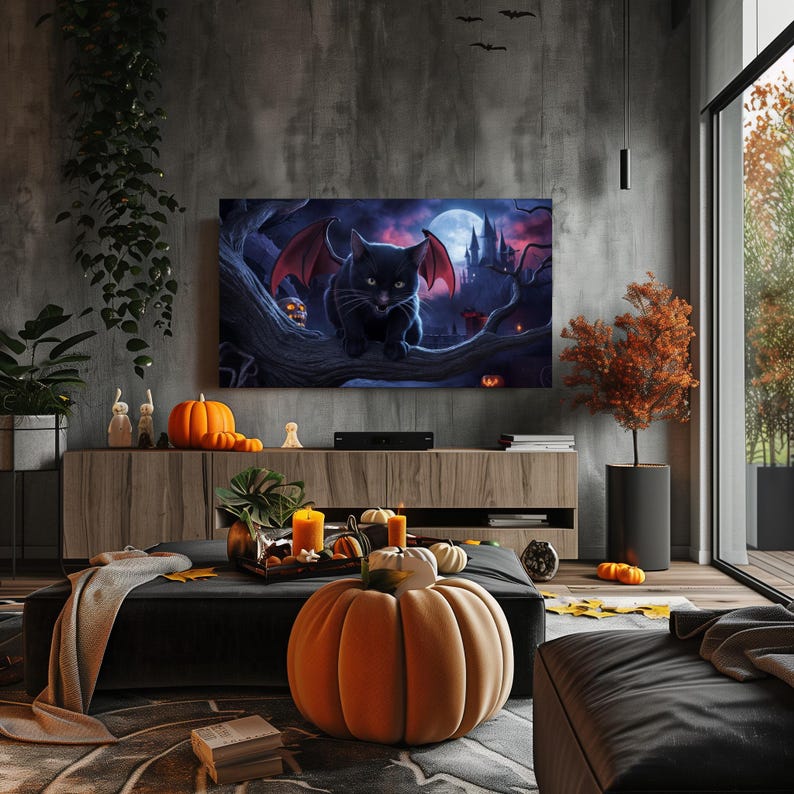 Enchanted Forest Bat Cat Wall Art,dark Fantasy Pumpkin Skull Decor ...