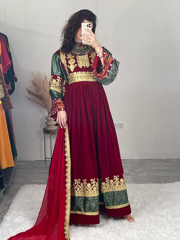 Afghan Traditional Chamra Embroidered Floor Length Banaras and Velvet ...