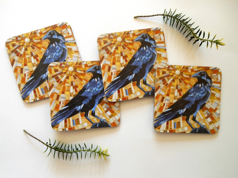 COASTER SET of 4 Crow Coasters Mosaic Art Cork Backed Coaster Coaster ...