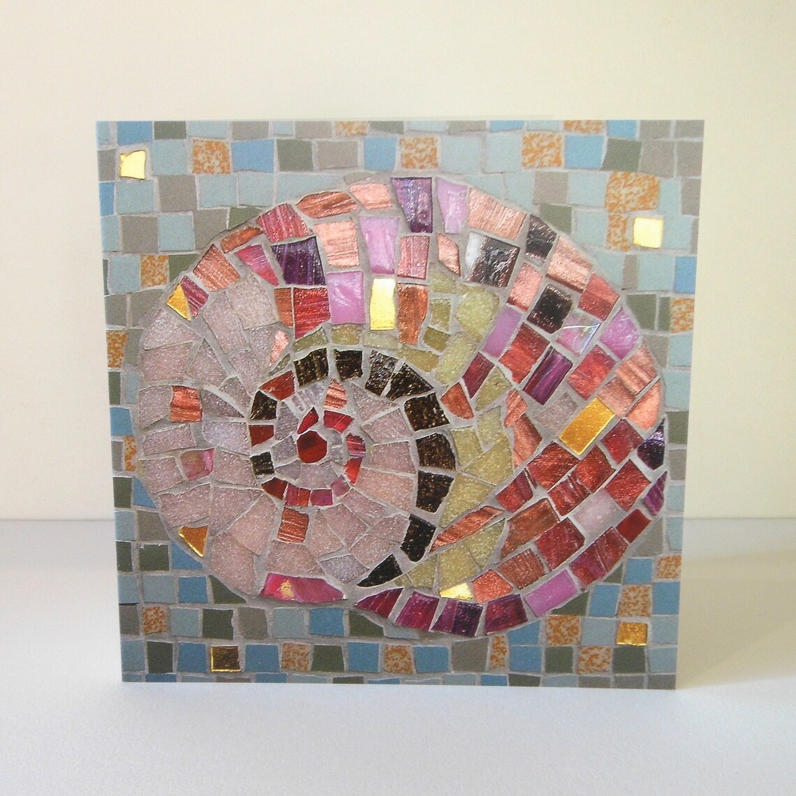 Blue Snail Card - Mosaic Art - Fossil Shell Card - Snail Shell Card ...