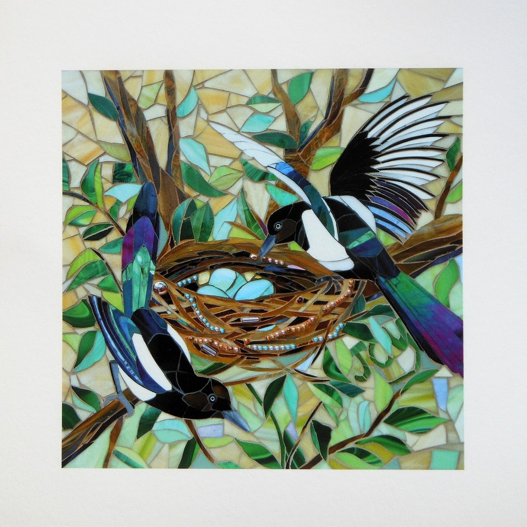 Magpies Mini Print - Magpie Print From Original Stained Glass Mosaic ...
