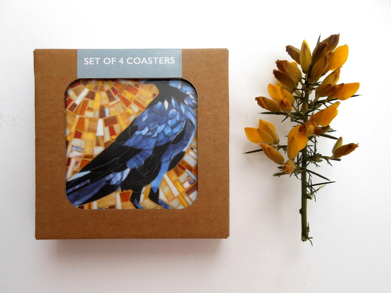 COASTER SET of 4 Crow Coasters Mosaic Art Cork Backed - Etsy