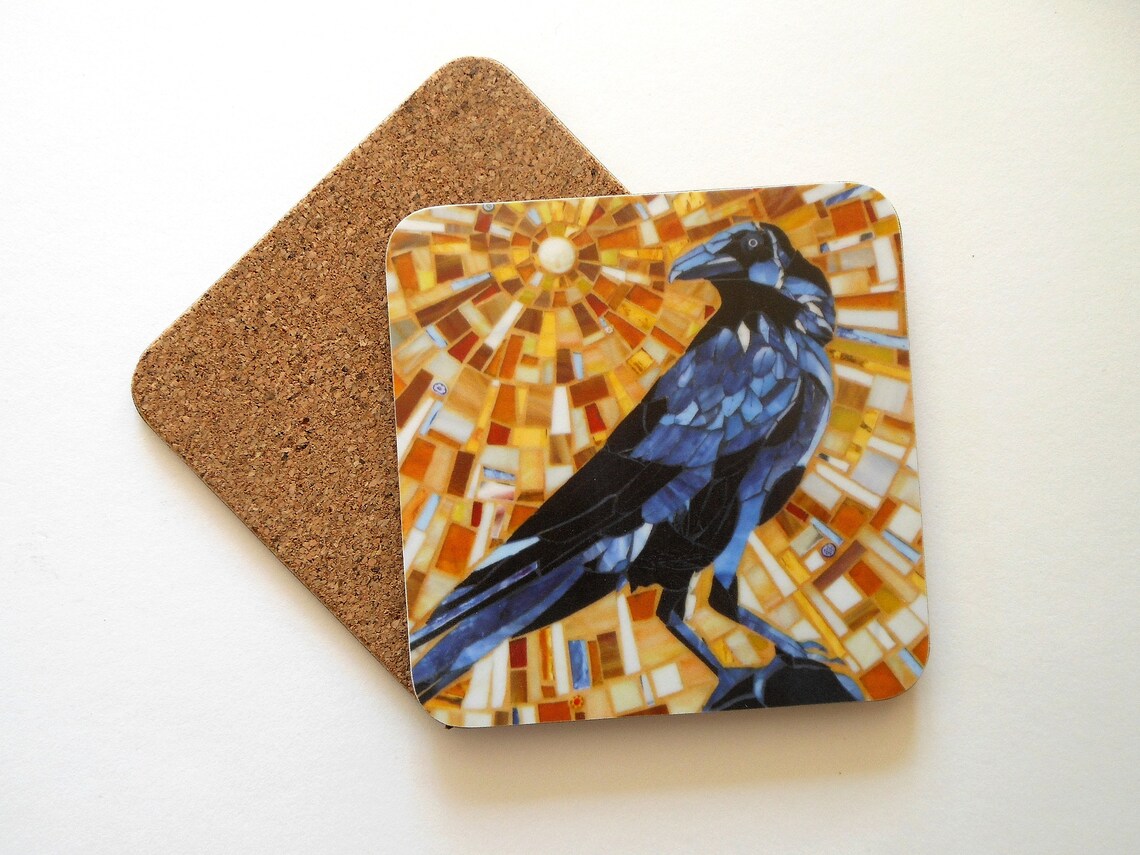 COASTER SET of 4 Crow Coasters Mosaic Art Cork Backed - Etsy