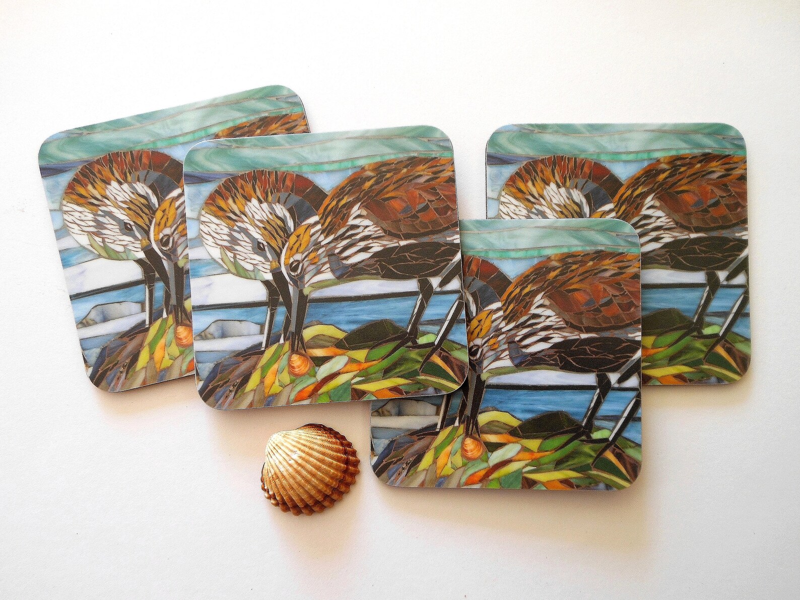 COASTER SET of 4 Dunlin Coasters - Mosaic Art - Cork Backed Coaster ...