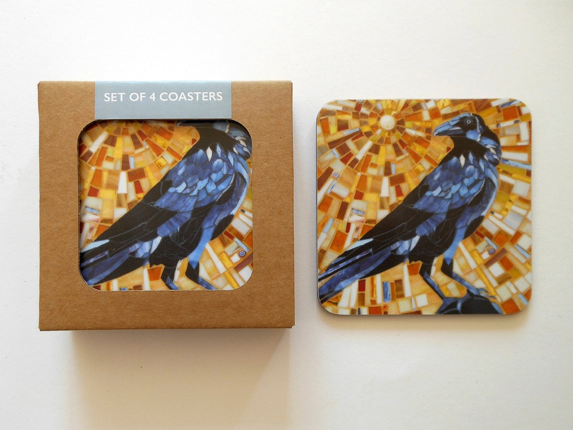 COASTER SET of 4 Crow Coasters Mosaic Art Cork Backed - Etsy