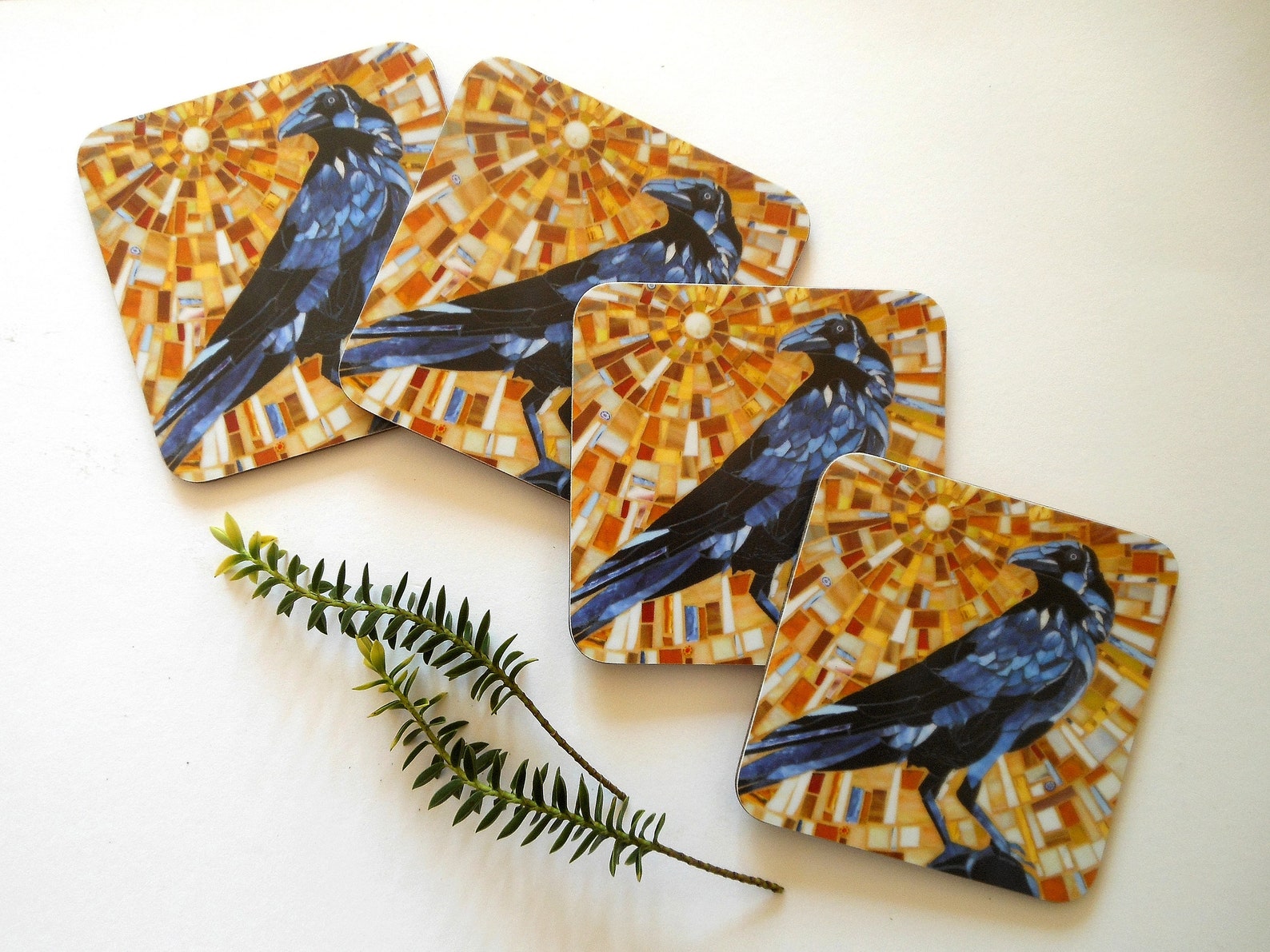 COASTER SET of 4 Crow Coasters Mosaic Art Cork Backed - Etsy